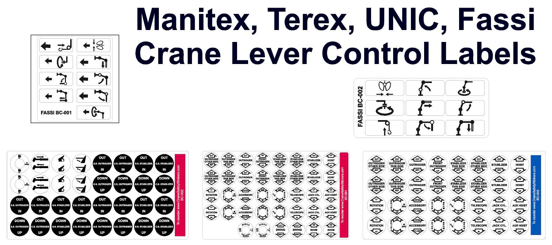 Replacement Control Labels for Manitex, Terex, UNIC, Fassi Crane Levers ...