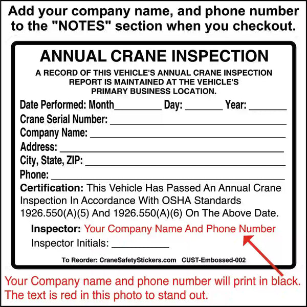 Crane Inspection Labels: Aluminum & Embossable - Safety Stickers
