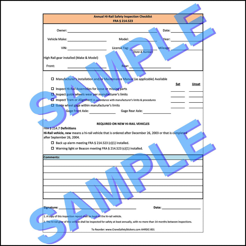 Annual Hi-Rail Safety Inspection Checklist FRA 214.523 - OSHA & ANSI ...