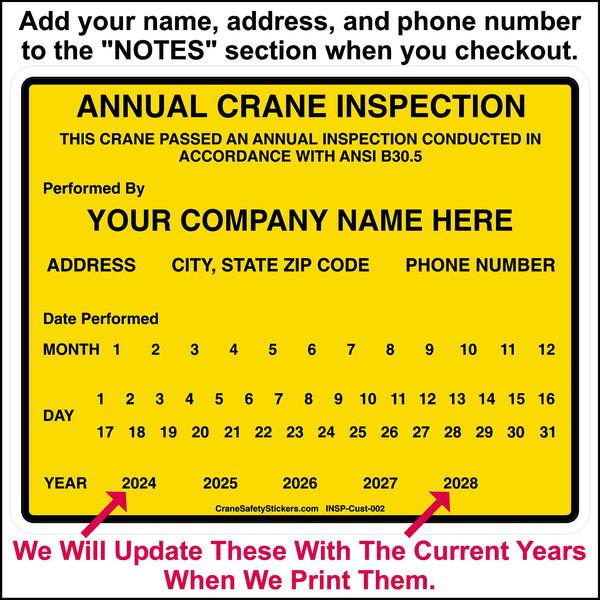 Custom Crane Inspection Sticker Ready to Print and Ship