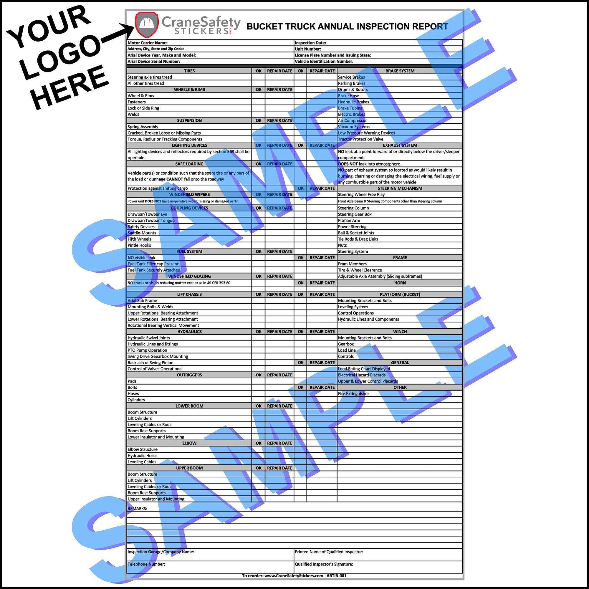 Custom Bucket Truck Inspection Sheet