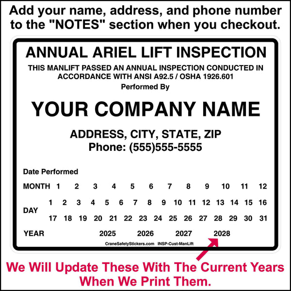 Custom Aerial Lift Inspection Sticker Ready to Print and Ship - Safety ...