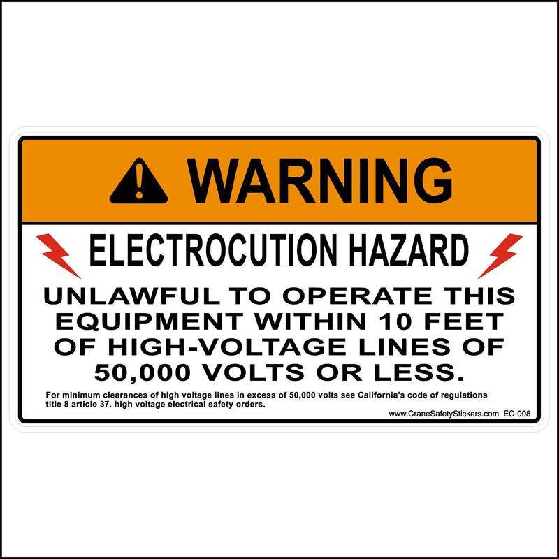 Unlawful To Operate Equipment Within 10 Feet Of High Voltage Lines decal